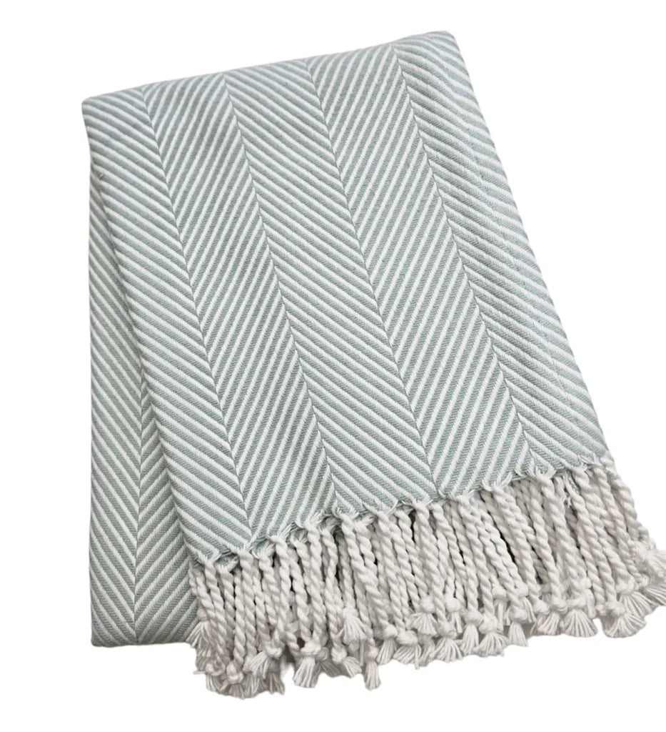 A Soft Idea - Nantucket Herringbone Fringe Blanket - Shore Blue/White ...
